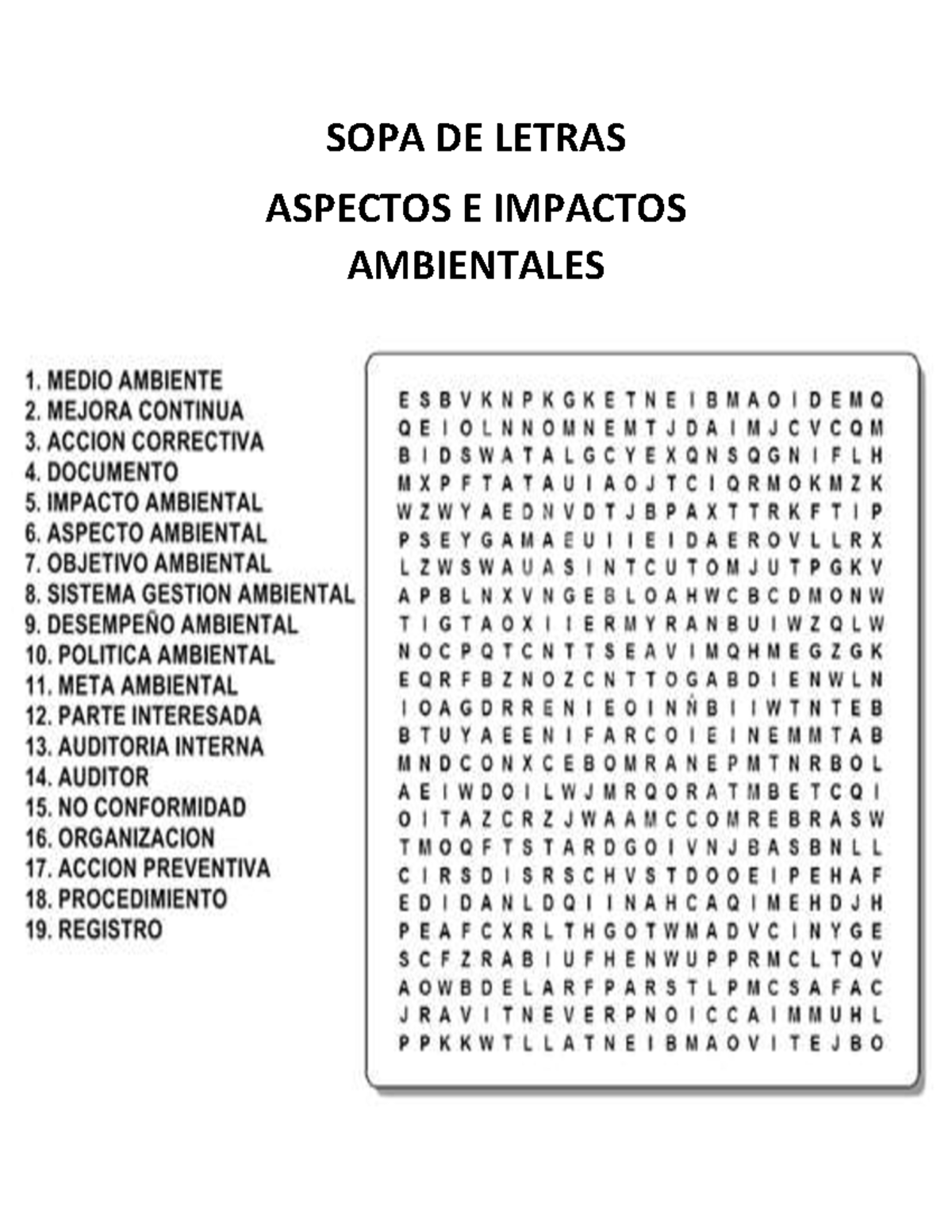 SOPA DE Letras - Monitoreo Ambiental - SOPA DE LETRAS ASPECTOS E ...