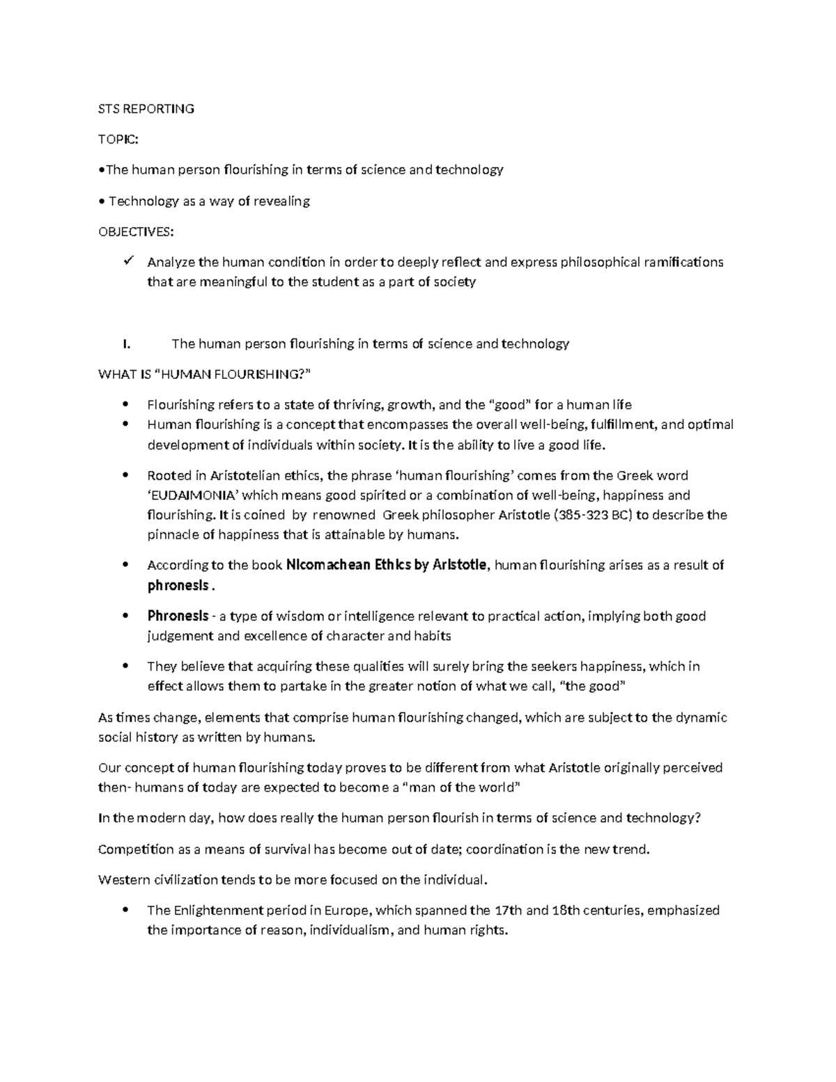 STS Reporting - report - STS REPORTING TOPIC: •The human person ...