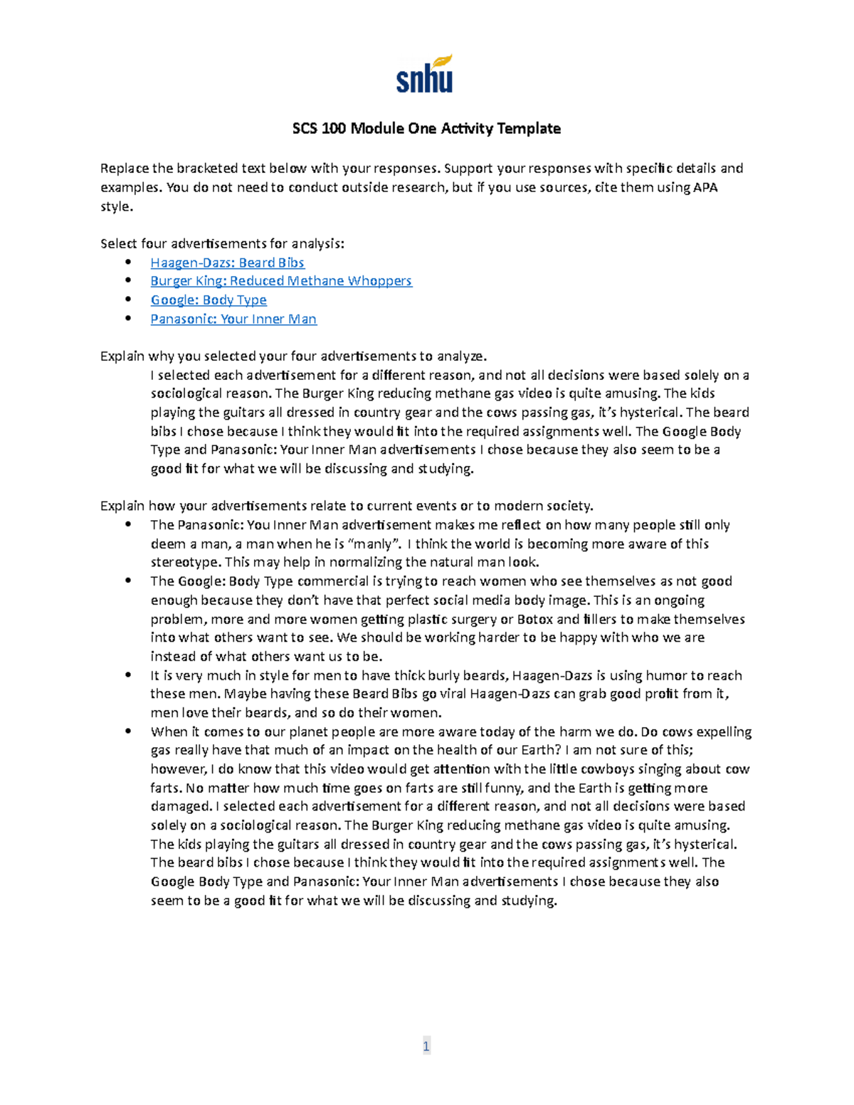 SCS 100 Module One Activity - Support your responses with specific ...