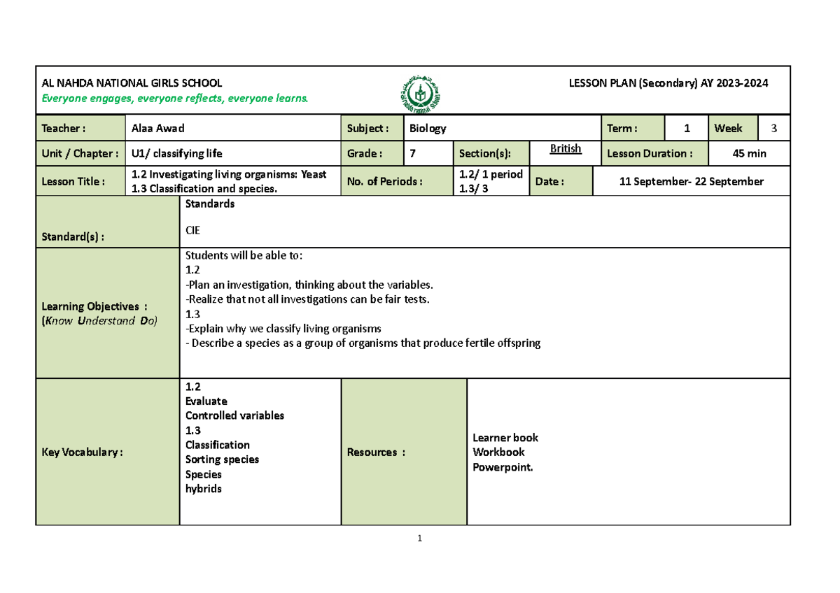 Week 3 IG lesson plan G7 - AL NAHDA NATIONAL GIRLS SCHOOL LESSON PLAN ...