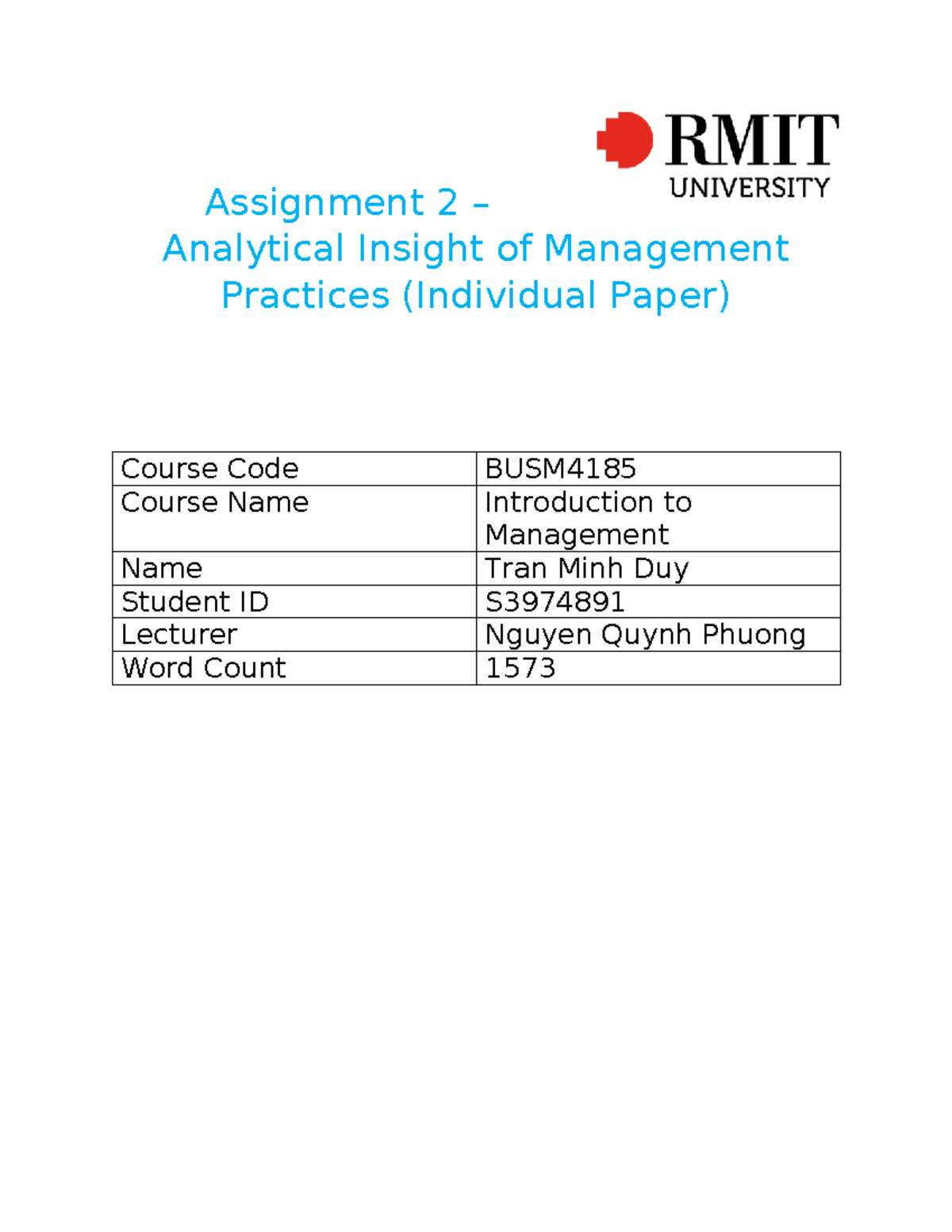 BIS asm 2 HD - good luck - Assignment 2 – Analytical Insight of Management Practices (Individual ...