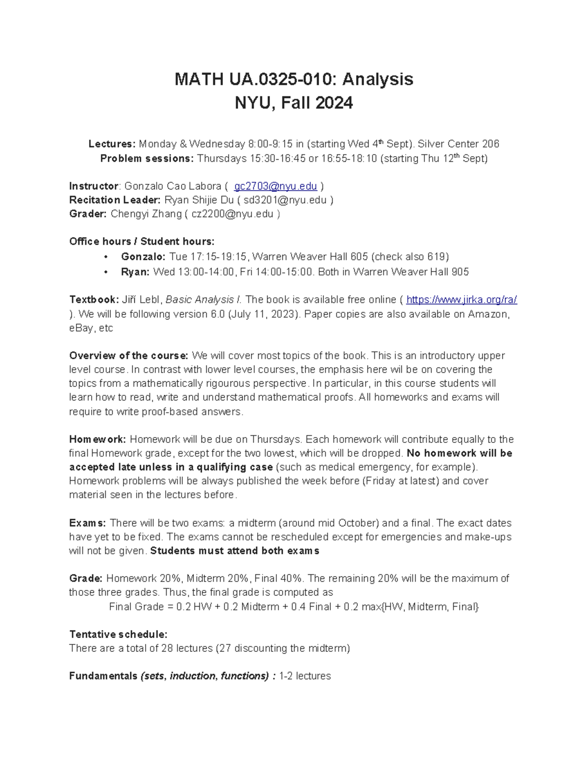 Syllabus MATH-UA 325 V2 - MATH UA-010: Analysis NYU, Fall 2024 Lectures ...