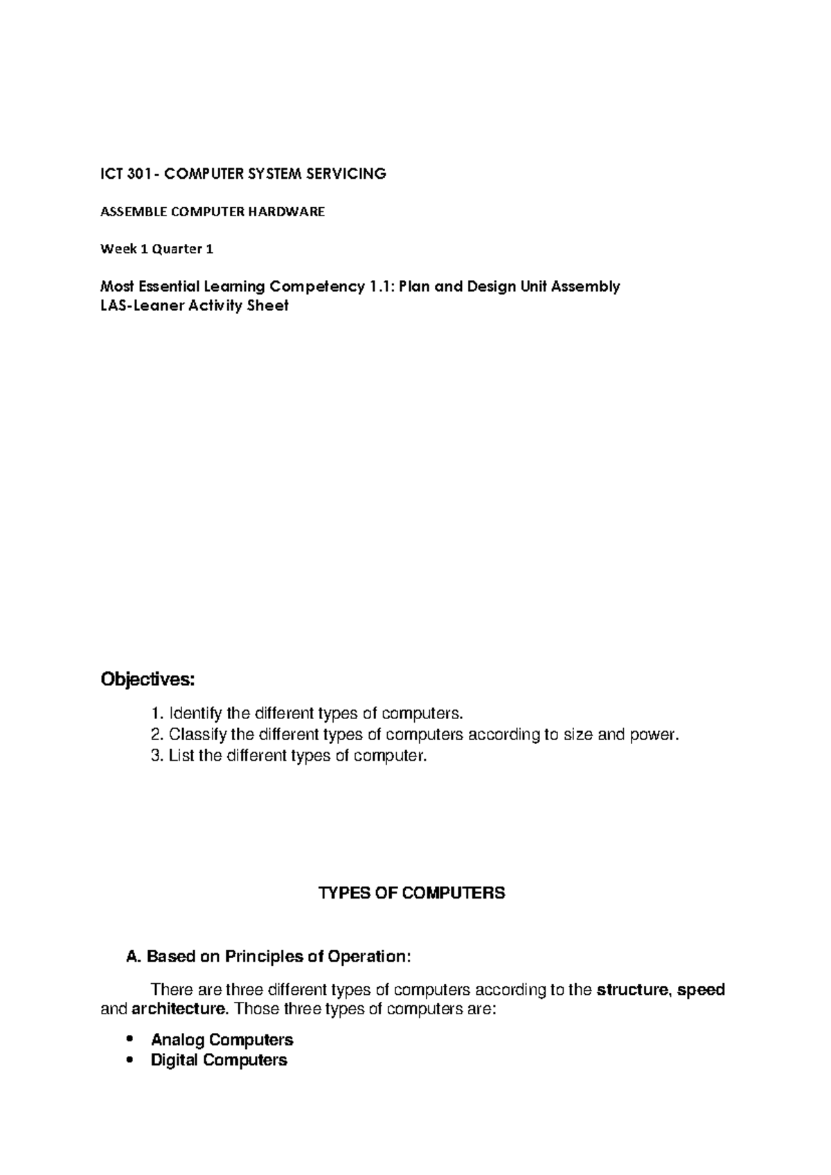 ICT 301 LAS W1 August 4 8 2023 - ICT 301- COMPUTER SYSTEM SERVICING ASSEMBLE COMPUTER HARDWARE ...