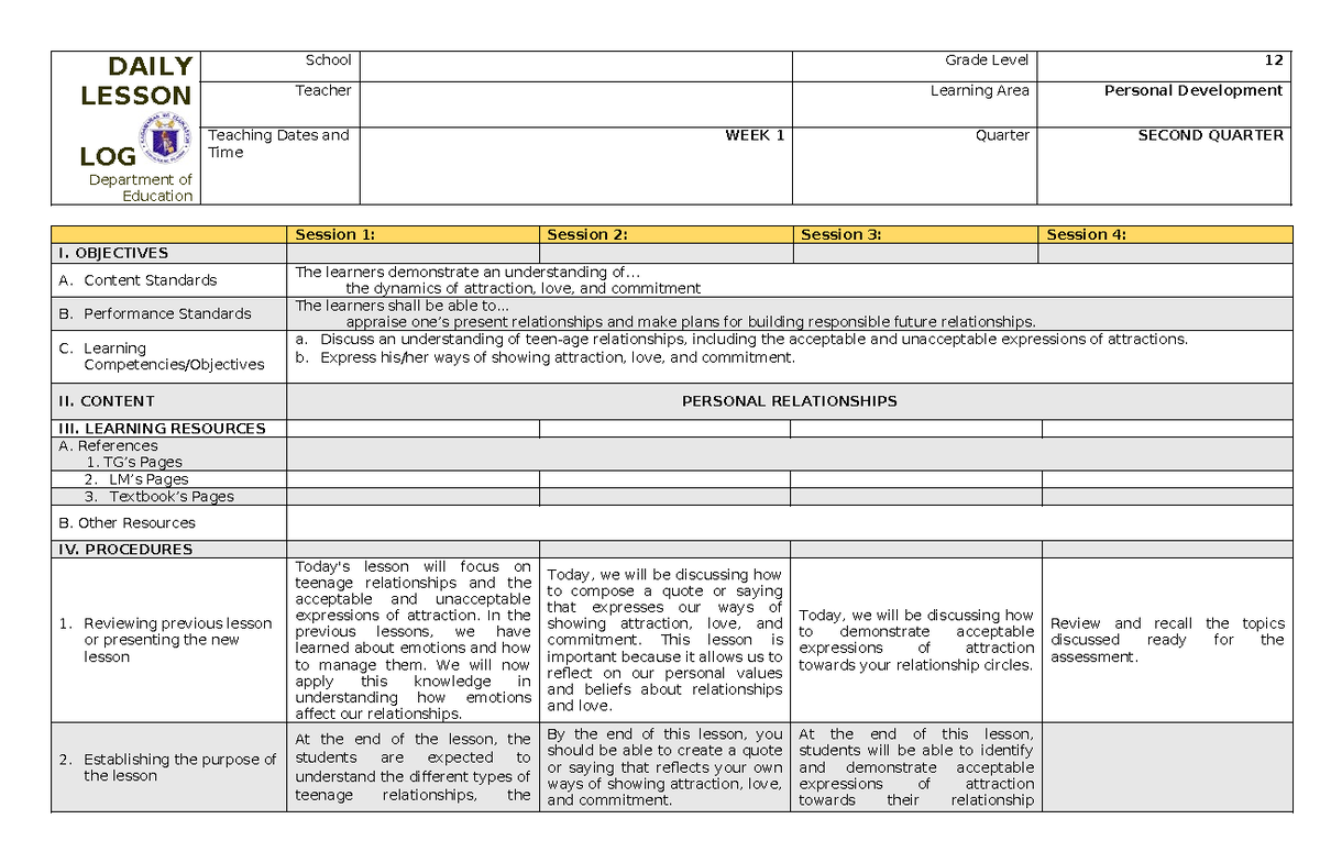 Perdev Q2 WEEK1 - scas - DAILY LESSON LOG Department of Education ...