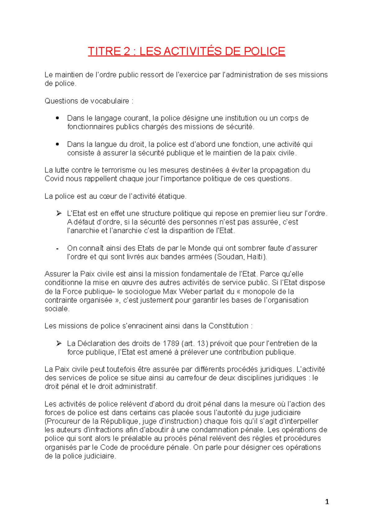 Partie 1 ; Titre 2 - notes cours - TITRE 2 : LES ACTIVITÉS DE POLICE Le ...