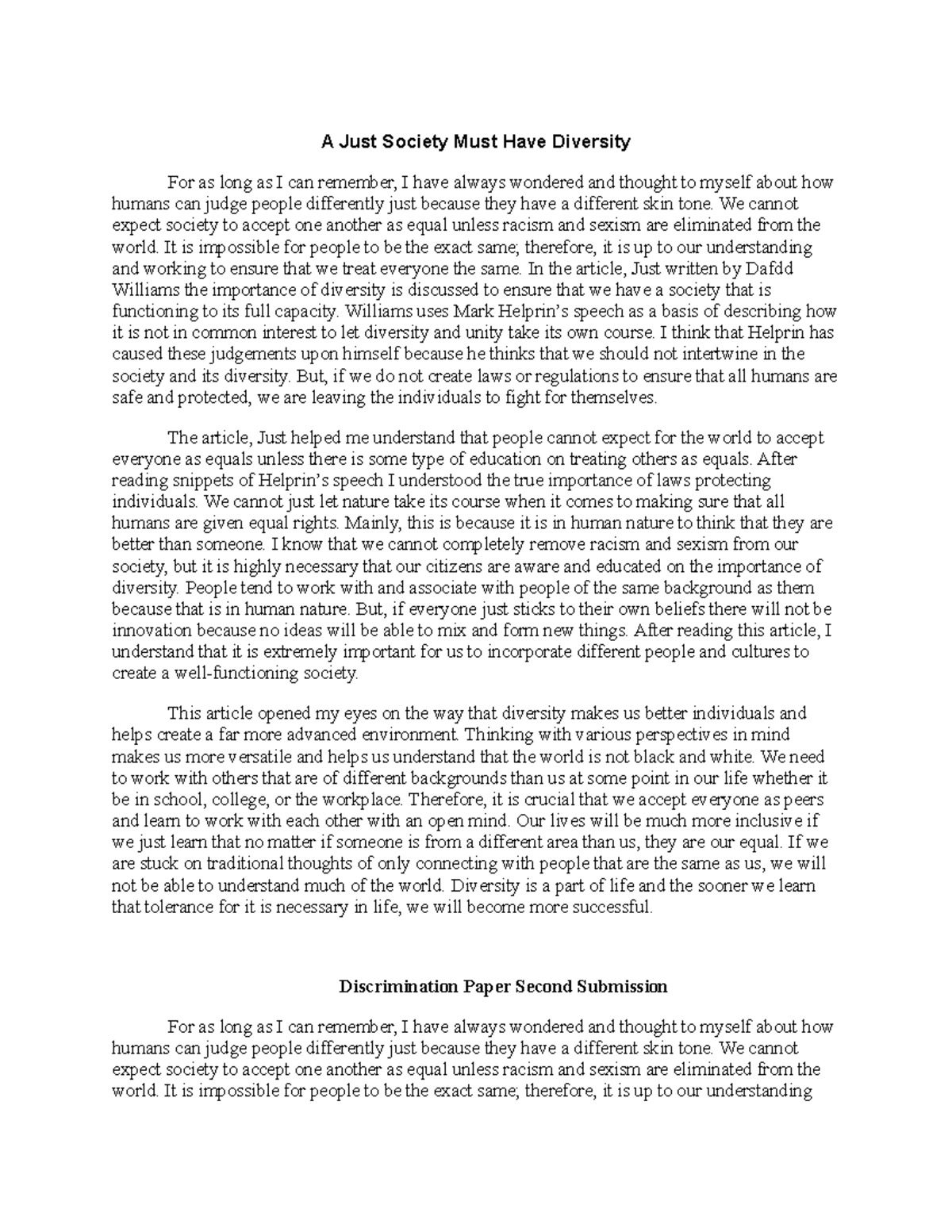 Discrimination Paper - Summary - A Just Society Must Have Diversity For ...