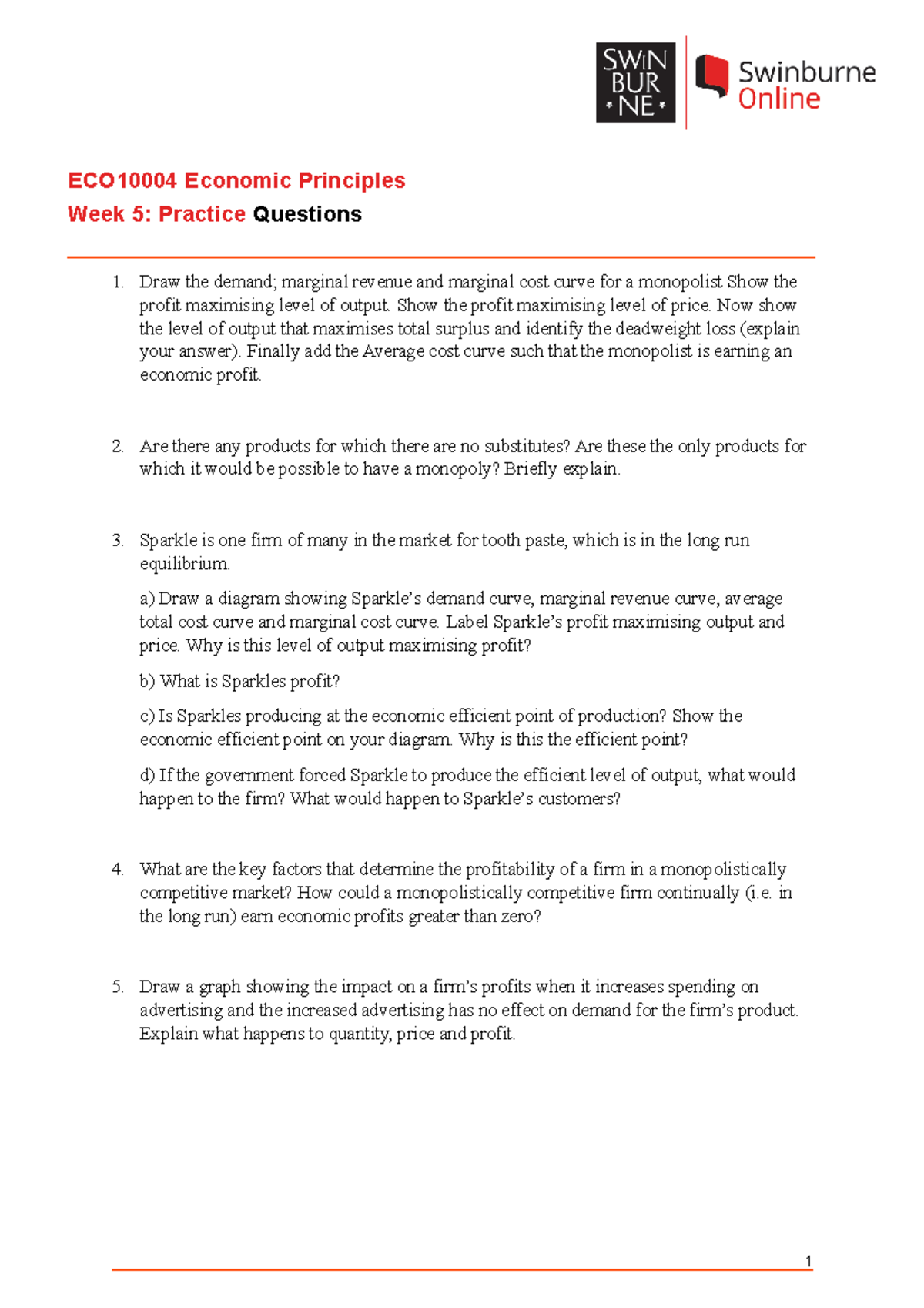 Week 5 Practice questions - Prac Questions - ECO10004 Economic ...