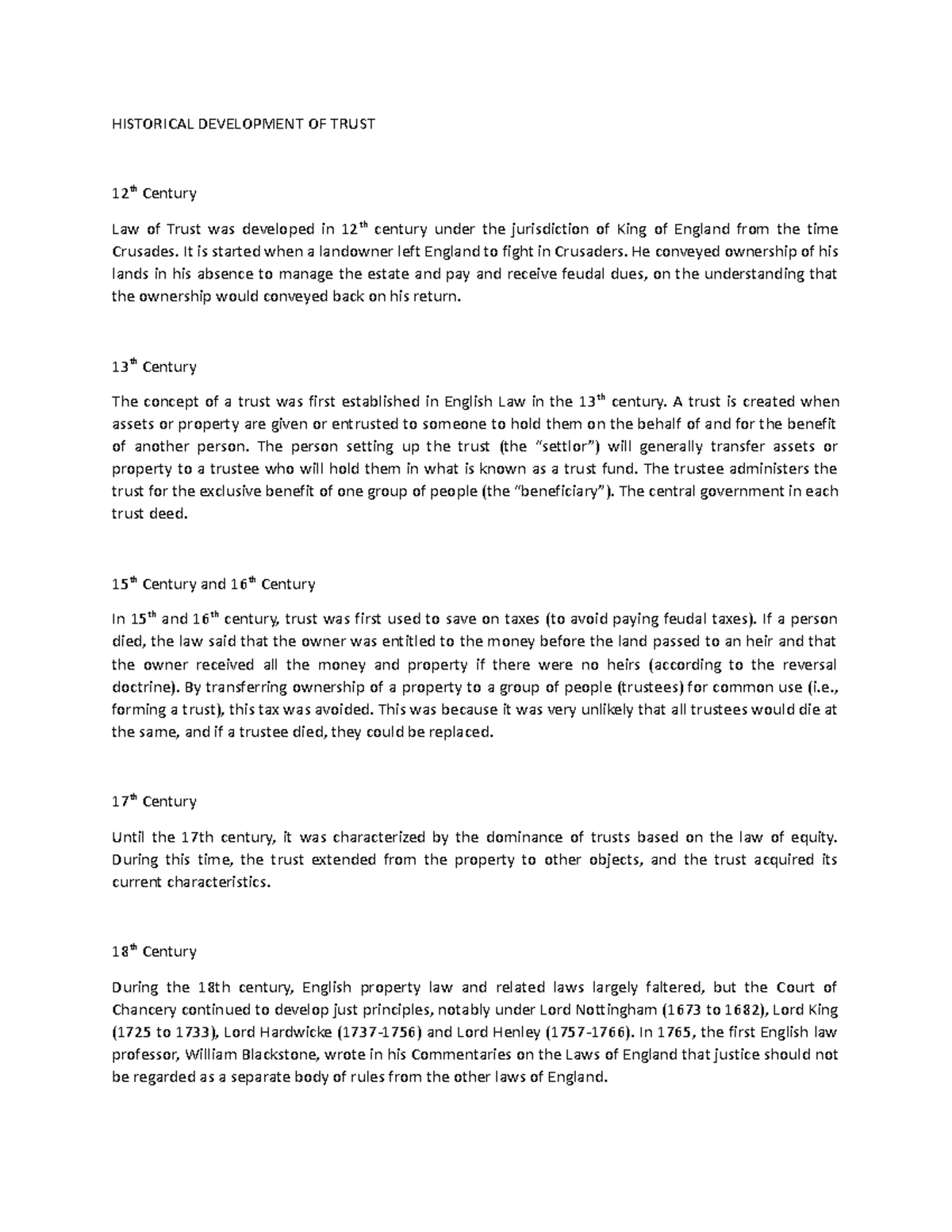Historical Development of Trust - HISTORICAL DEVELOPMENT OF TRUST 12 th ...