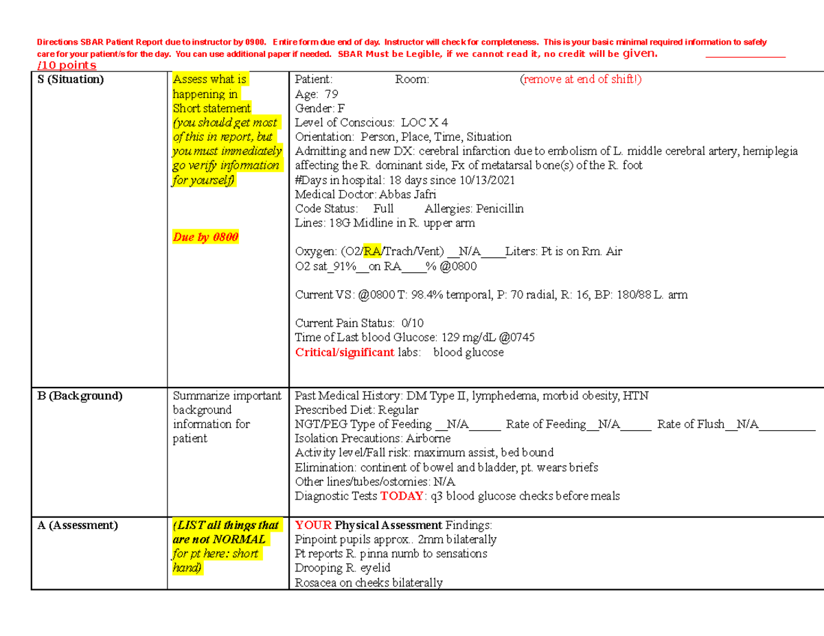 CVA diabetes HTN long SBAR - Directions SBAR Patient Report due to ...