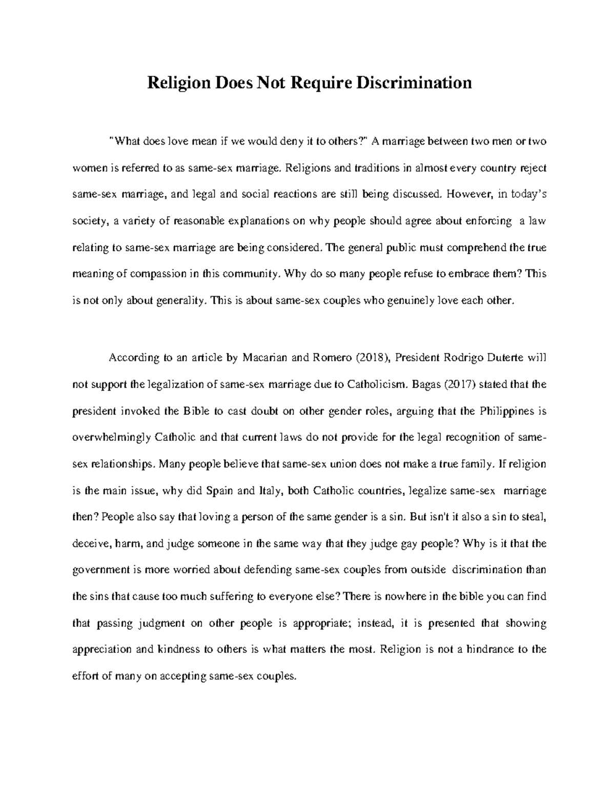 Position Paper - Religion does not require discrimination - Religion ...