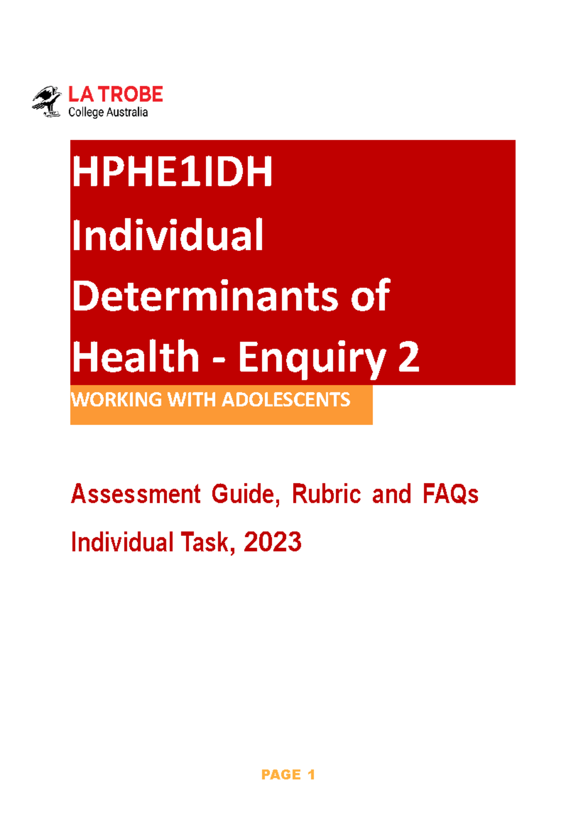 E2 Assessment Guide 2023 - WORKING WITH ADOLESCENTS HPHE1IDH Individual ...