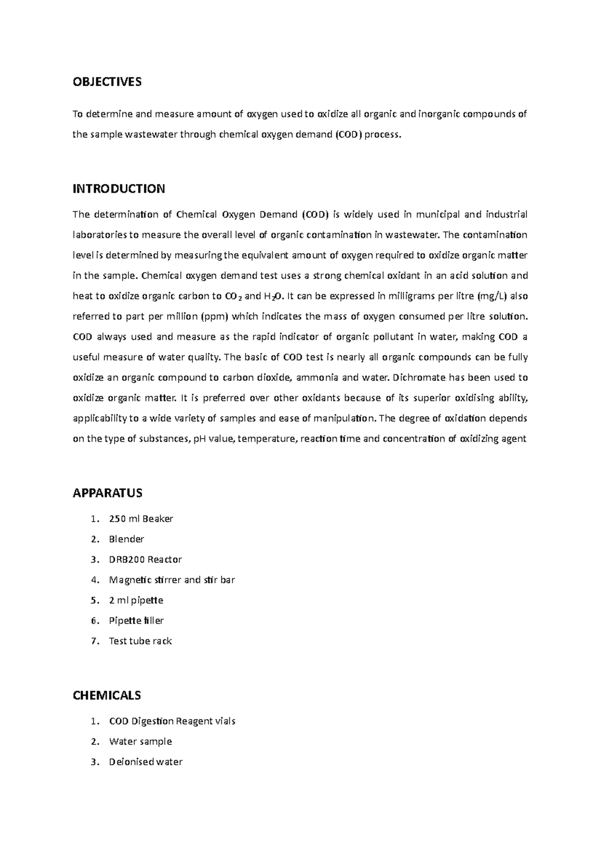 EXPERIMENT 4 CHEMICAL OXYGEN DEMAND (COD) - OBJECTIVES To determine and ...