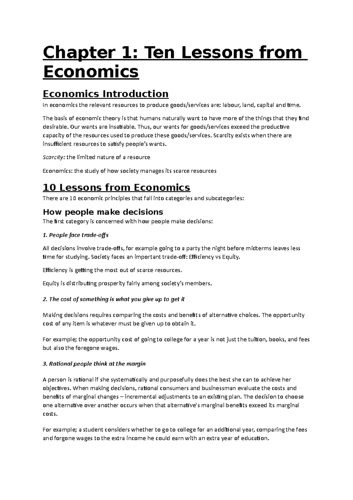 Chapter 1 - Lecture notes 1 - Chapter 1: Ten Lessons from Economics ...