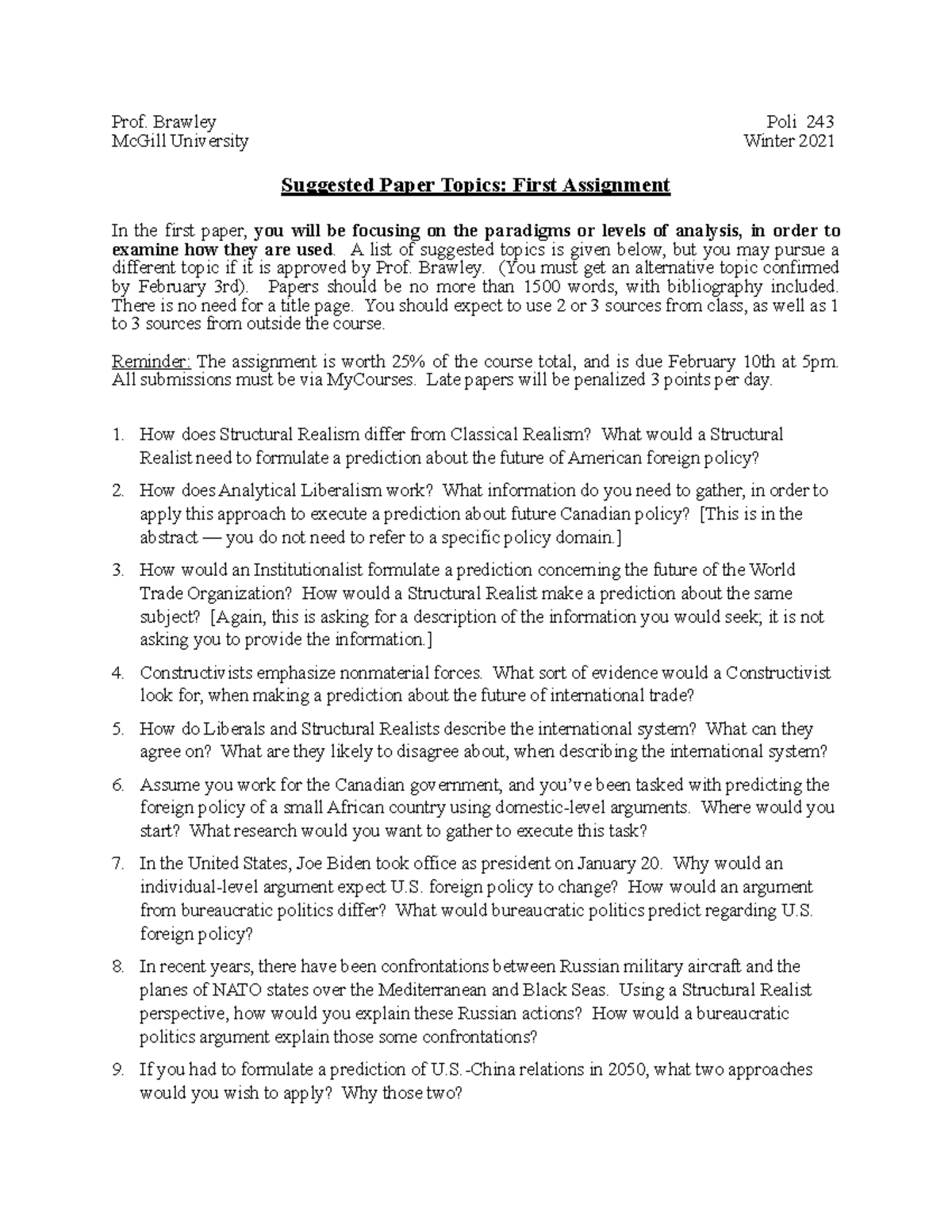 Poli 243 first paper assignment W 2021 - Prof. Brawley Poli 243 McGill ...