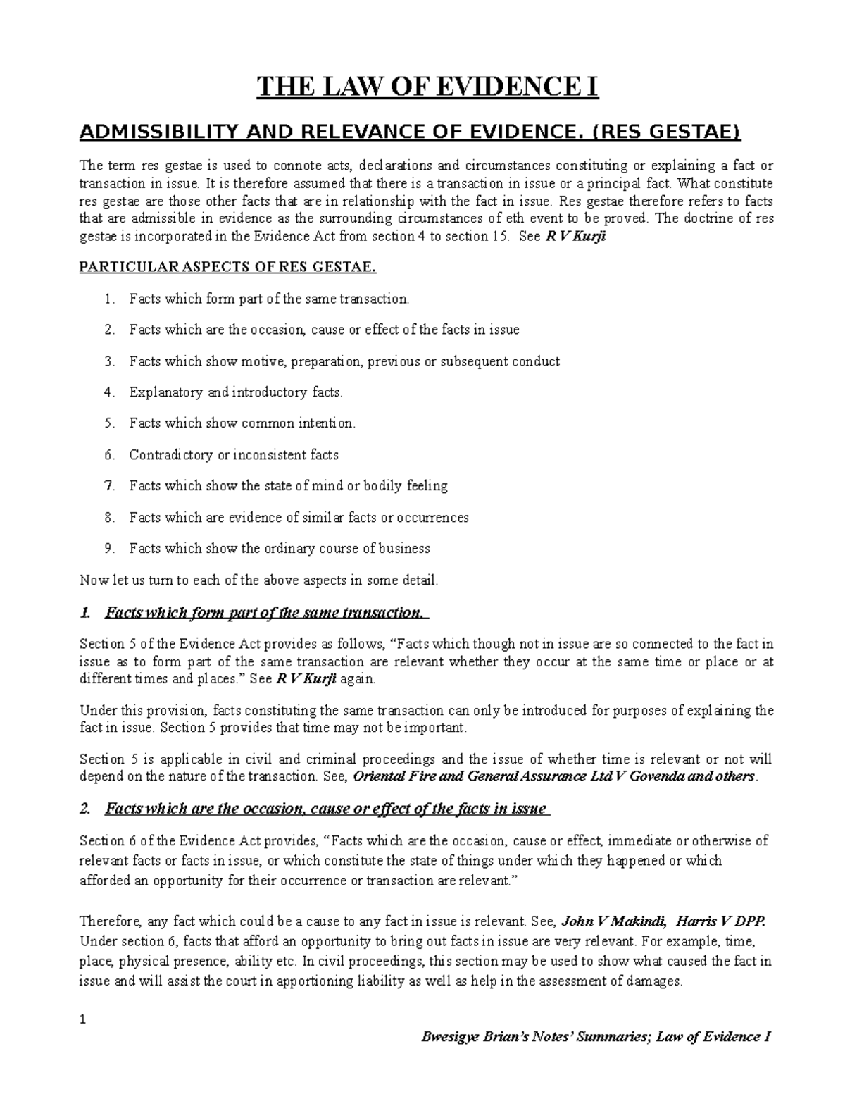 Notes Summaries; Law of Evidence - THE LAW OF EVIDENCE I ADMISSIBILITY ...