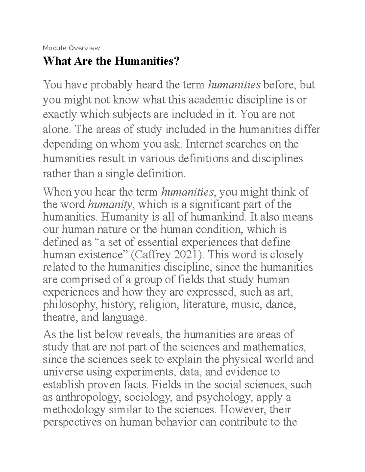 What Are the Humanities - Module Overview What Are the Humanities? You ...