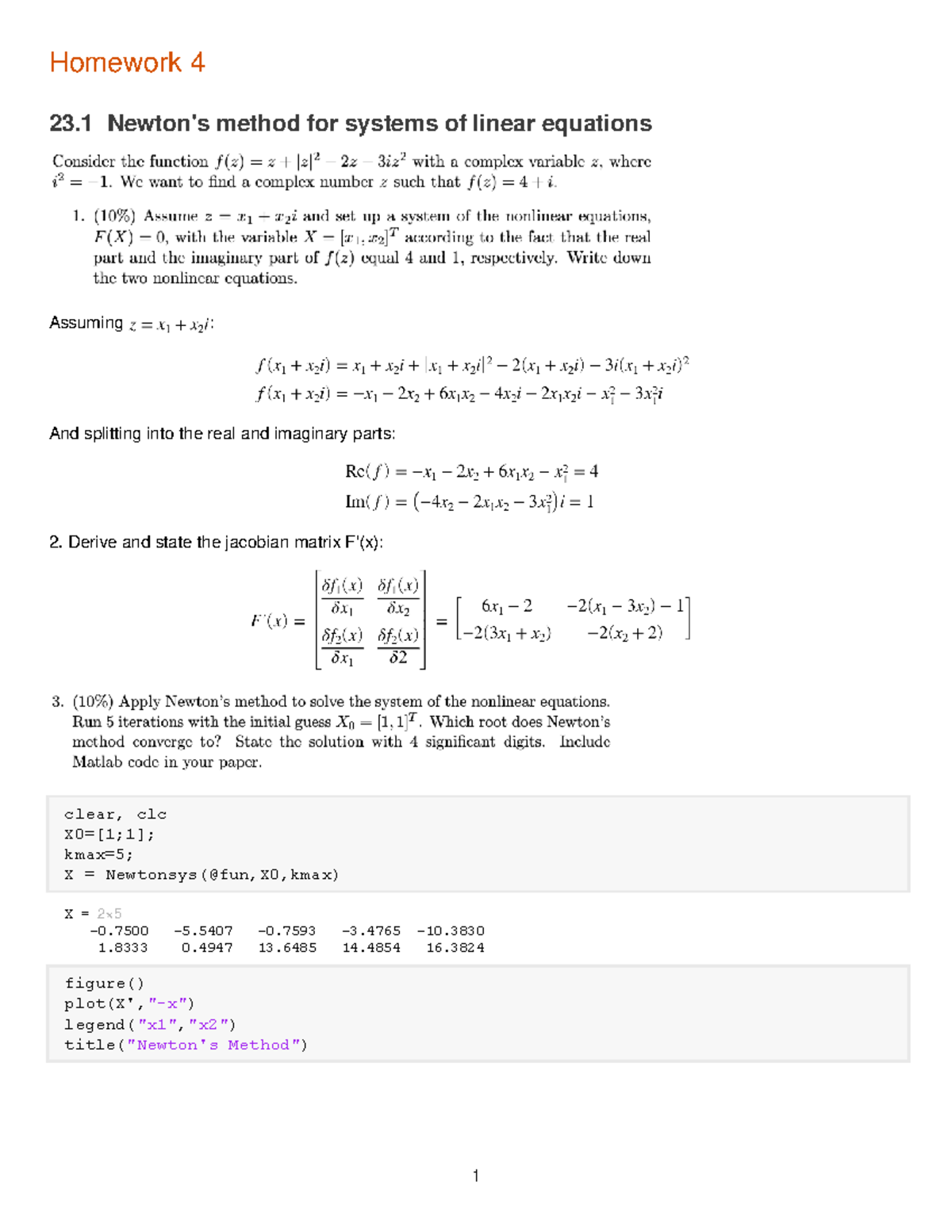 Numerical Algorithms Homework 4 Homework 4 23 Newtons Method For Systems Of Linear Equations
