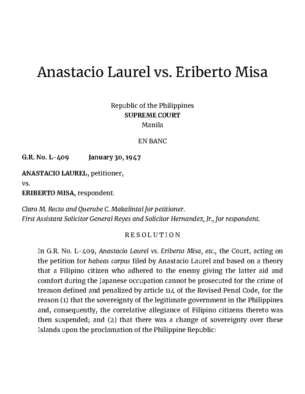 Anastacio Laurel vs. Eriberto Misa Supra Source - Anastacio Laurel vs ...