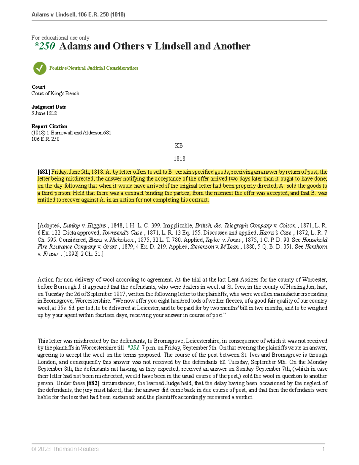 Adams v Lindsell (1) - case law - Adams v Lindsell, 106 E. 250 (1818 ...