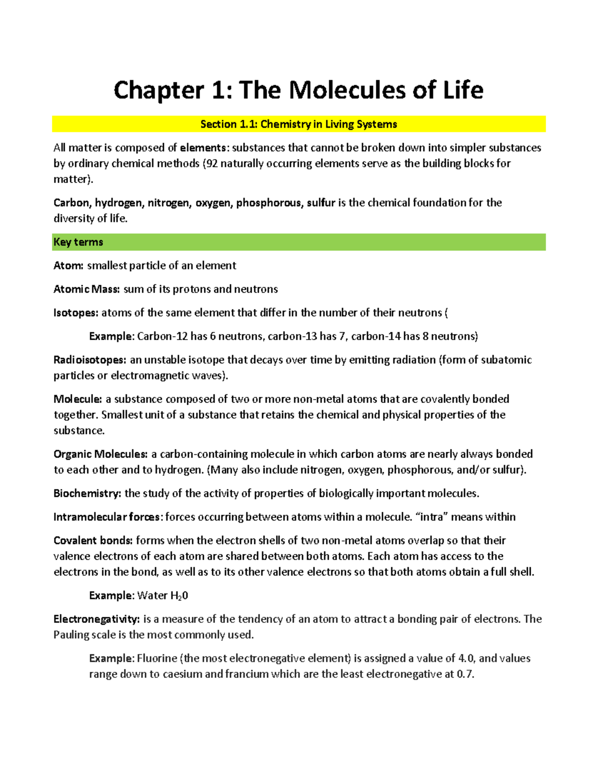 Unit 1 Summary and Video bundle - Chapter 1: The Molecules of Life ...