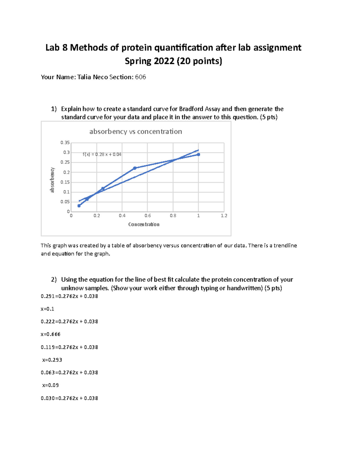 2022S After-lab 8 assignment - Lab 8 Methods of protein quantification after lab assignment ...