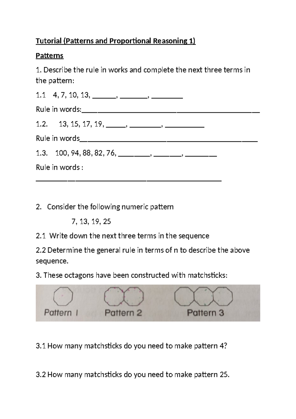 Tutorial 2 - Tutorial (Patterns and Proportional Reasoning 1) Patterns ...