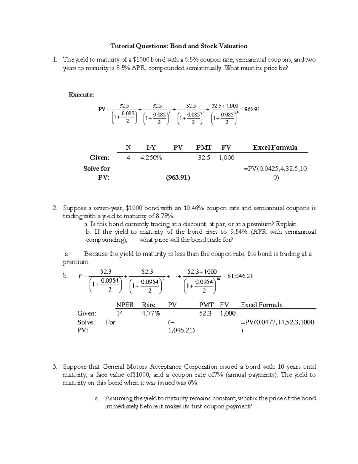 Solution for Bond and Stock Valuation - Tutorial Questions: Bond and ...
