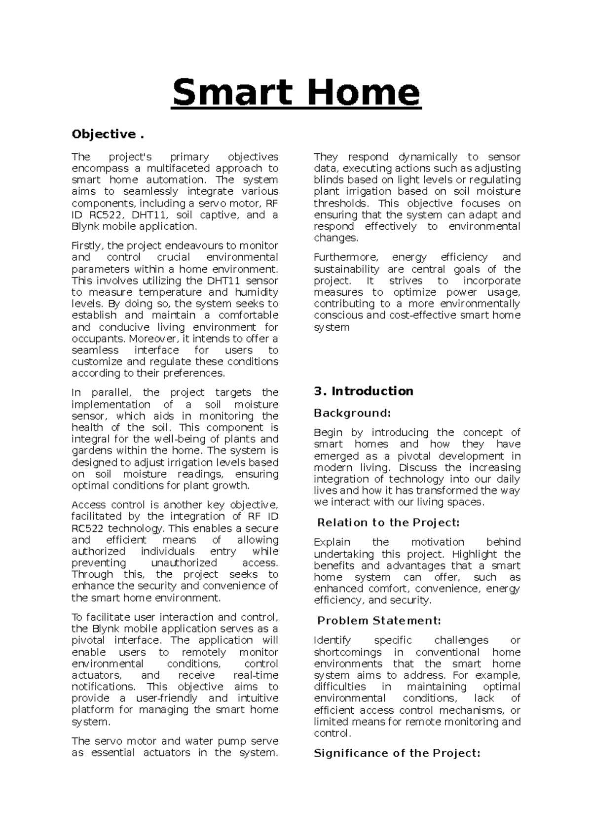 Smart Home - its final project report - Smart Home Objective. The ...