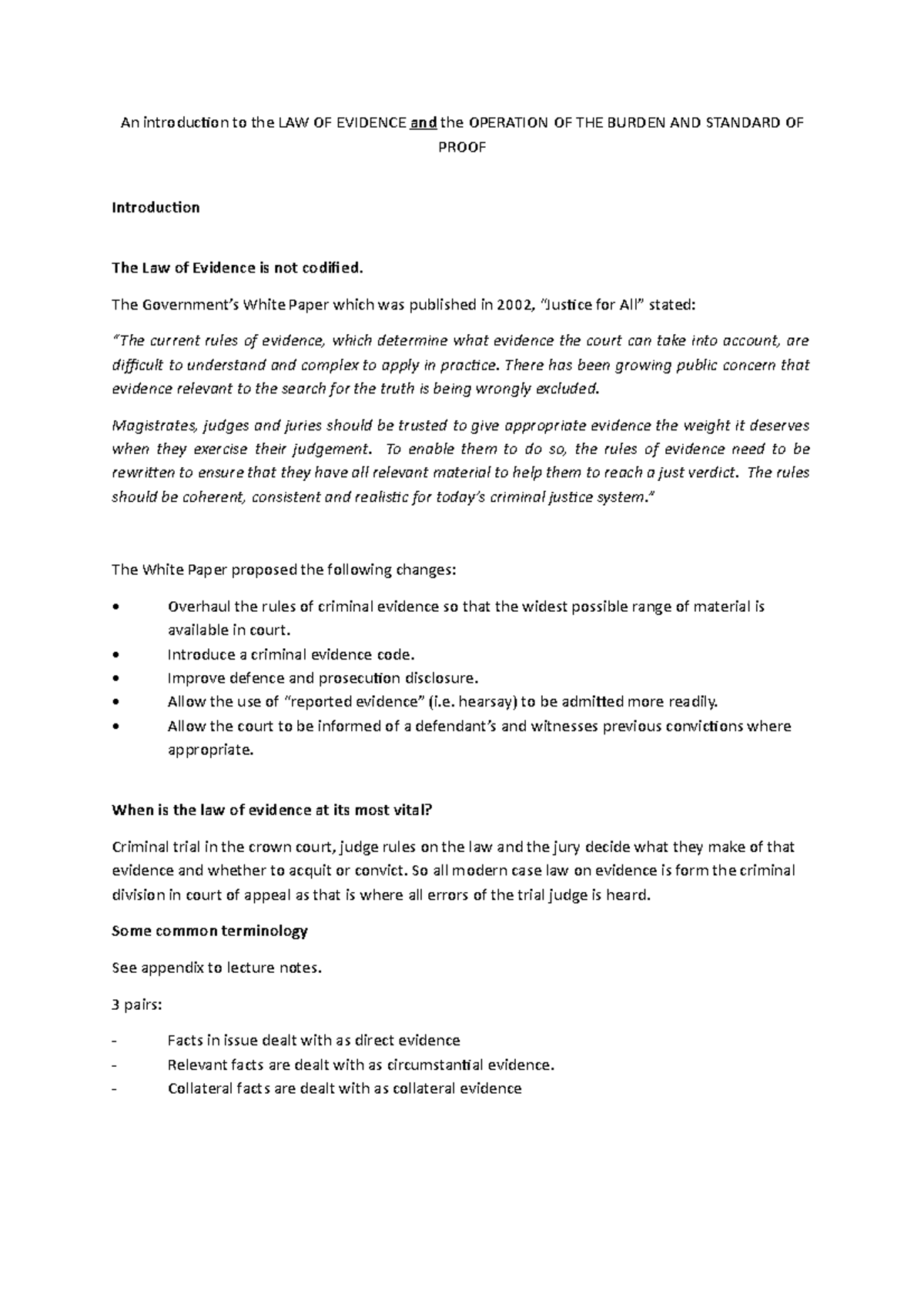 LG WS 5 Intro TO LAW OF Evidence + Operation OF THE Burden AND Standard ...