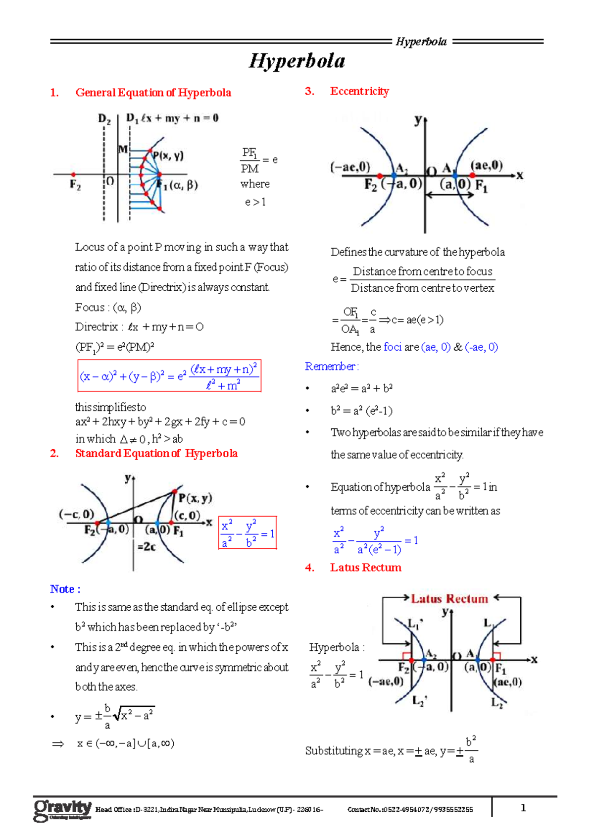 Hyperbola (JEE Exam) Short Notes - Hyperbola 1. General Equation of ...