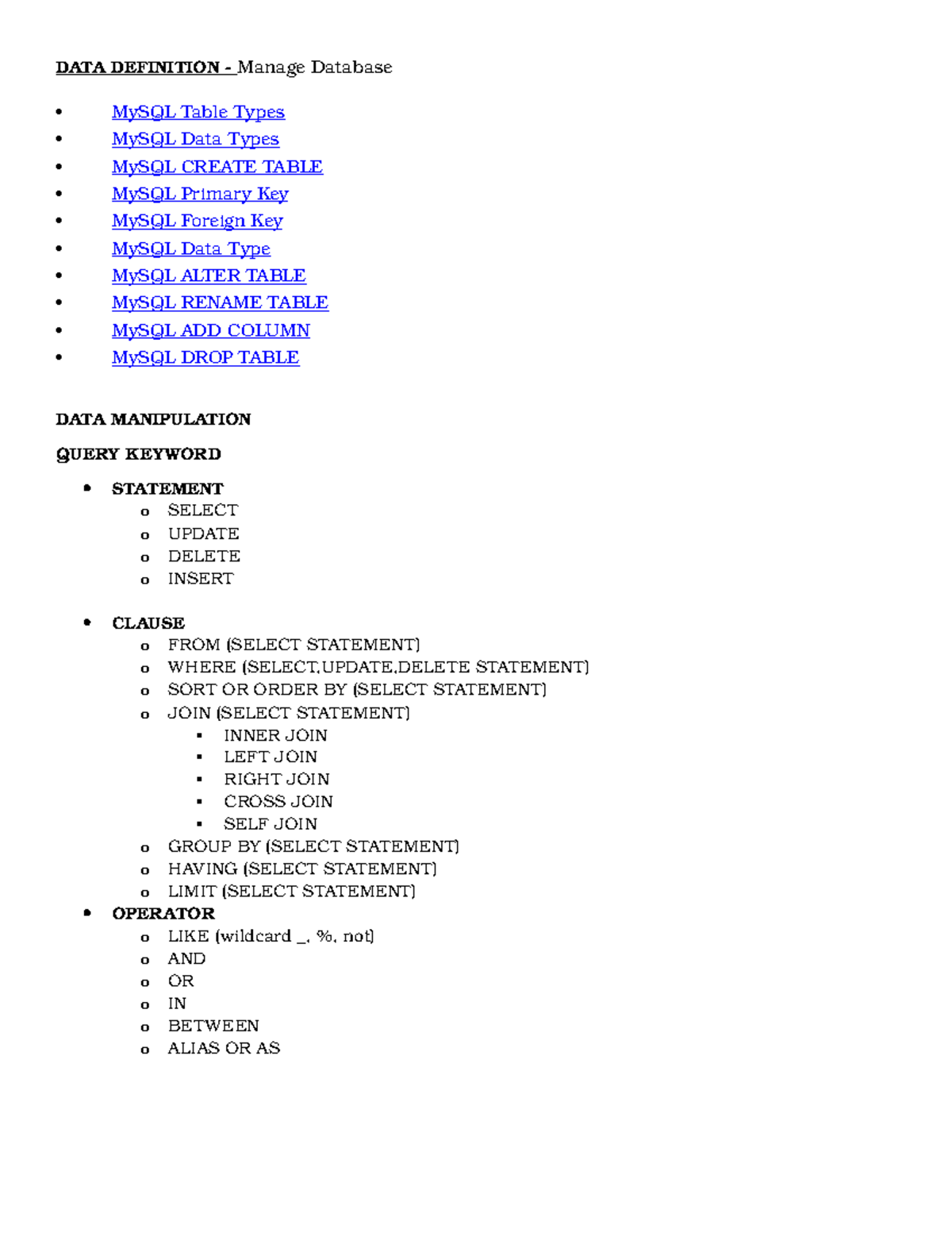 DATA Definition - DATA DEFINITION - Manage Database MySQL Table Types ...