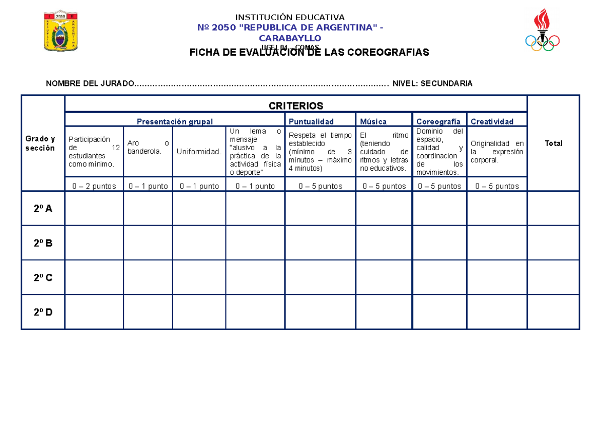 Ficha DE Evaluacion DE LAS Coreografias - INSTITUCIÓN EDUCATIVA Nº 2050 ...
