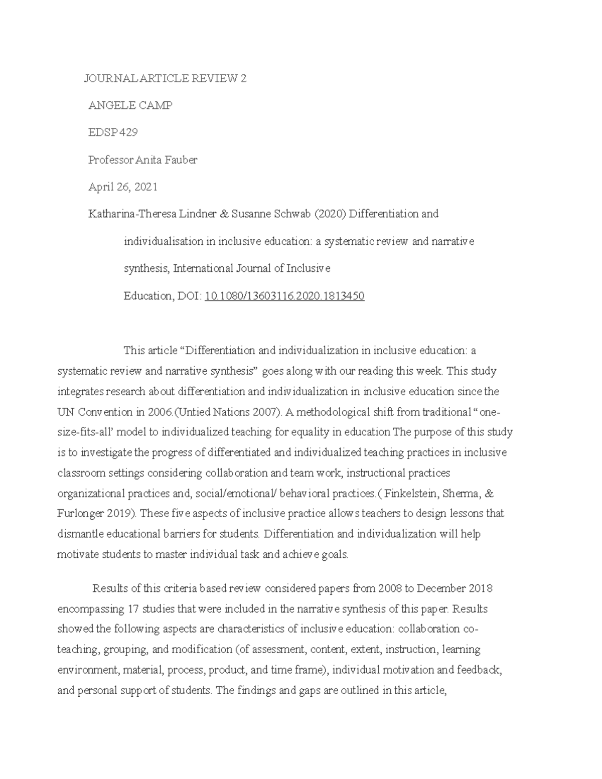 Journal Article Review 1 - JOURNAL ARTICLE REVIEW 2 ANGELE CAMP EDSP ...