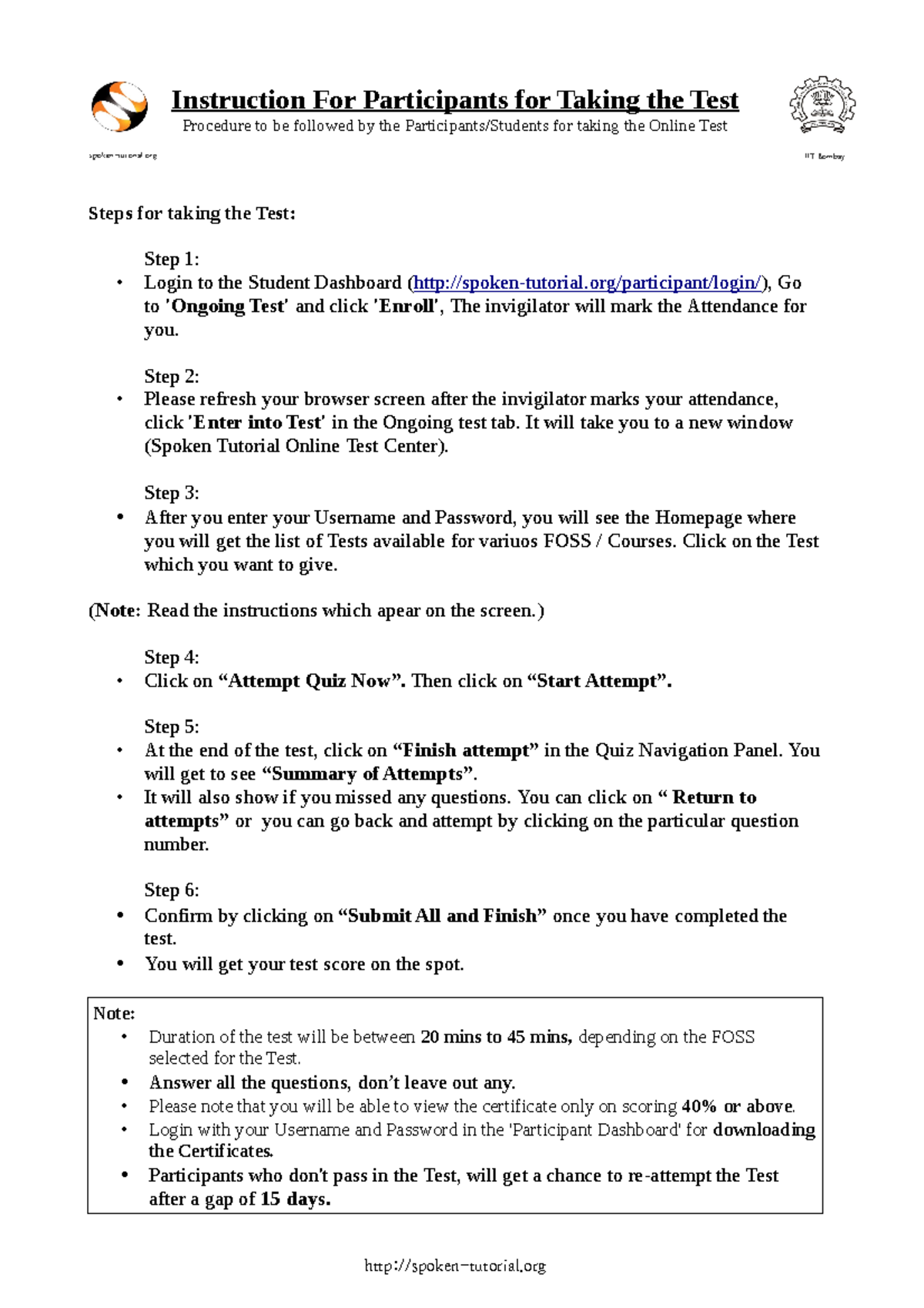 Test Instruction for Participants - Instruction For Participants for ...