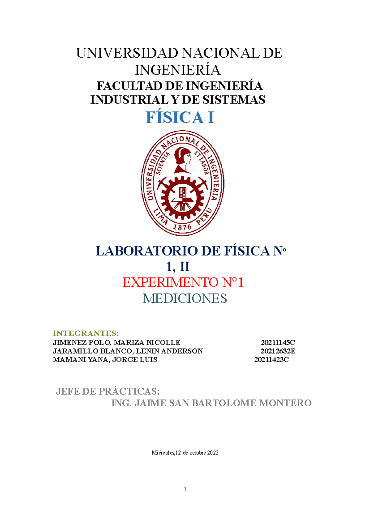 Laboratorio N°1 - UNIVERSIDAD NACIONAL DE INGENIERÍA FACULTAD DE INGENIERÍA INDUSTRIAL Y DE ...