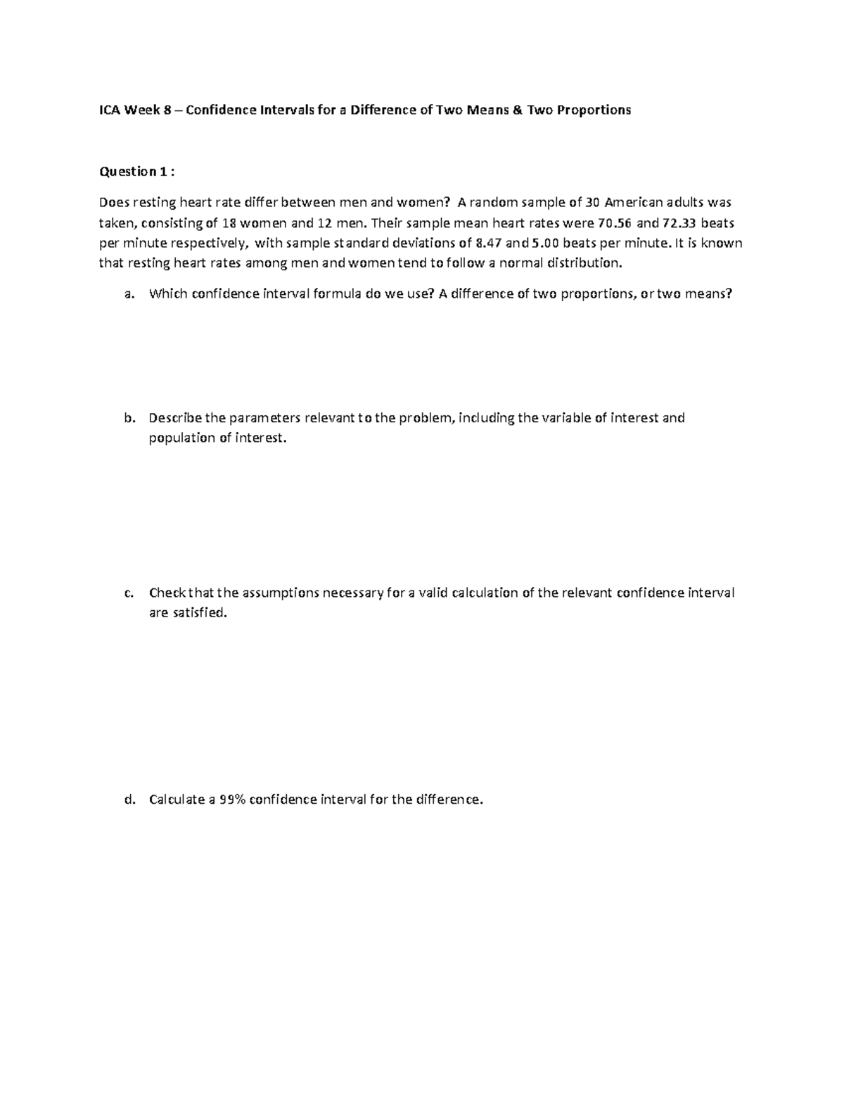 Module 8 Practice Problems Ica Week 8 Confidence Intervals For A Difference Of Two Means 