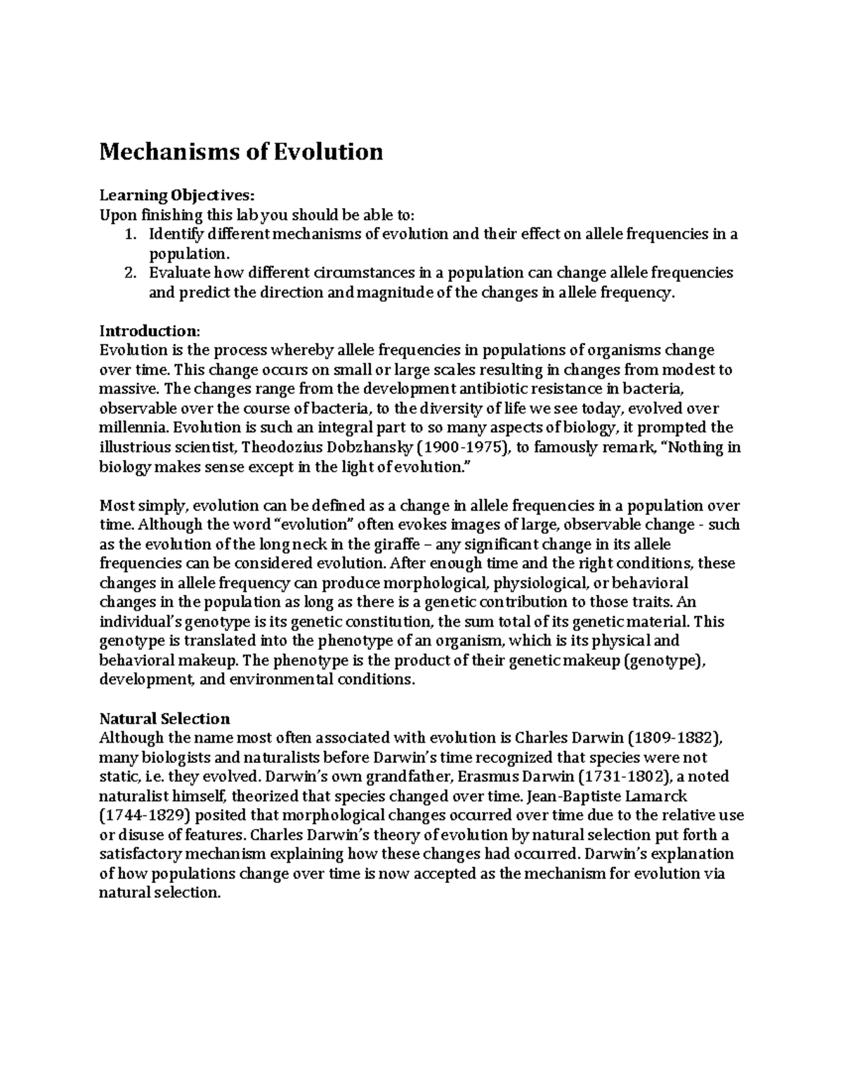 Mechanisms of Evolution Lab - Mechanisms of Evolution Learning ...