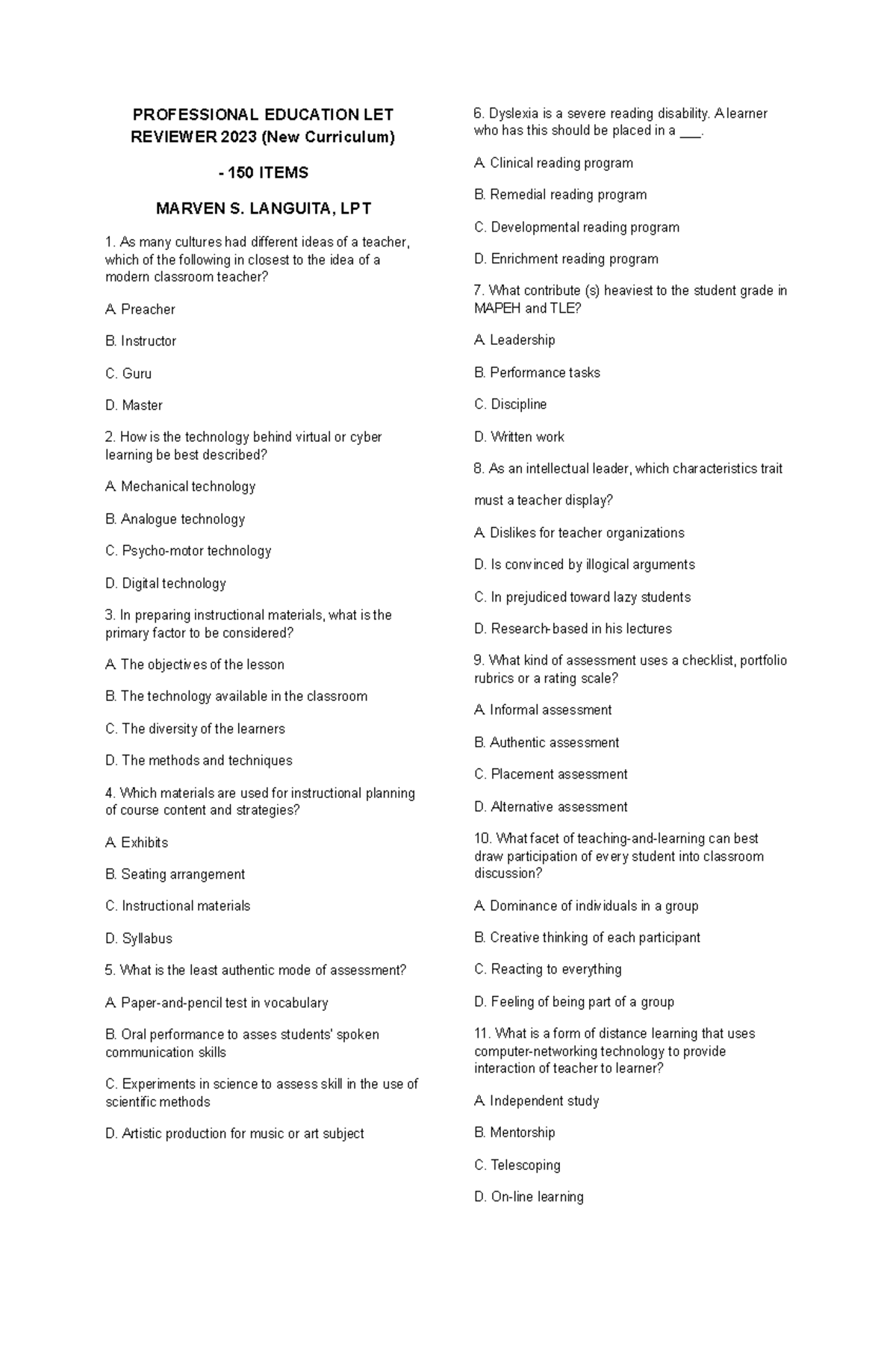 PROF ED 2023 New Curriculum - PROFESSIONAL EDUCATION LET REVIEWER 2023 ...