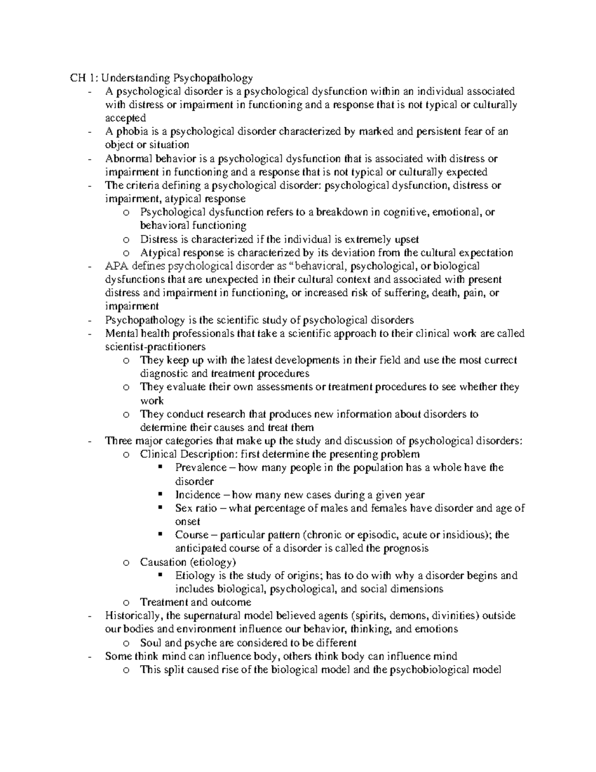 CH1 Tbnotes - Intro to Psychopathology - CH 1: Understanding ...