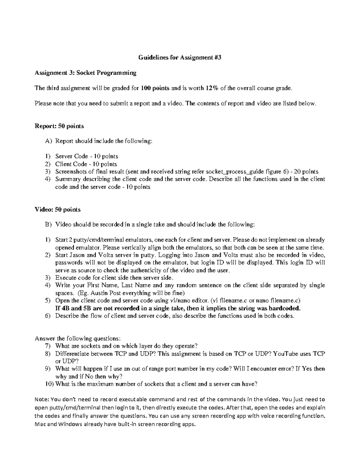 Assignment 3 - Socket Programming Submission Guidelines - Guidelines for Assignment # Assignment ...
