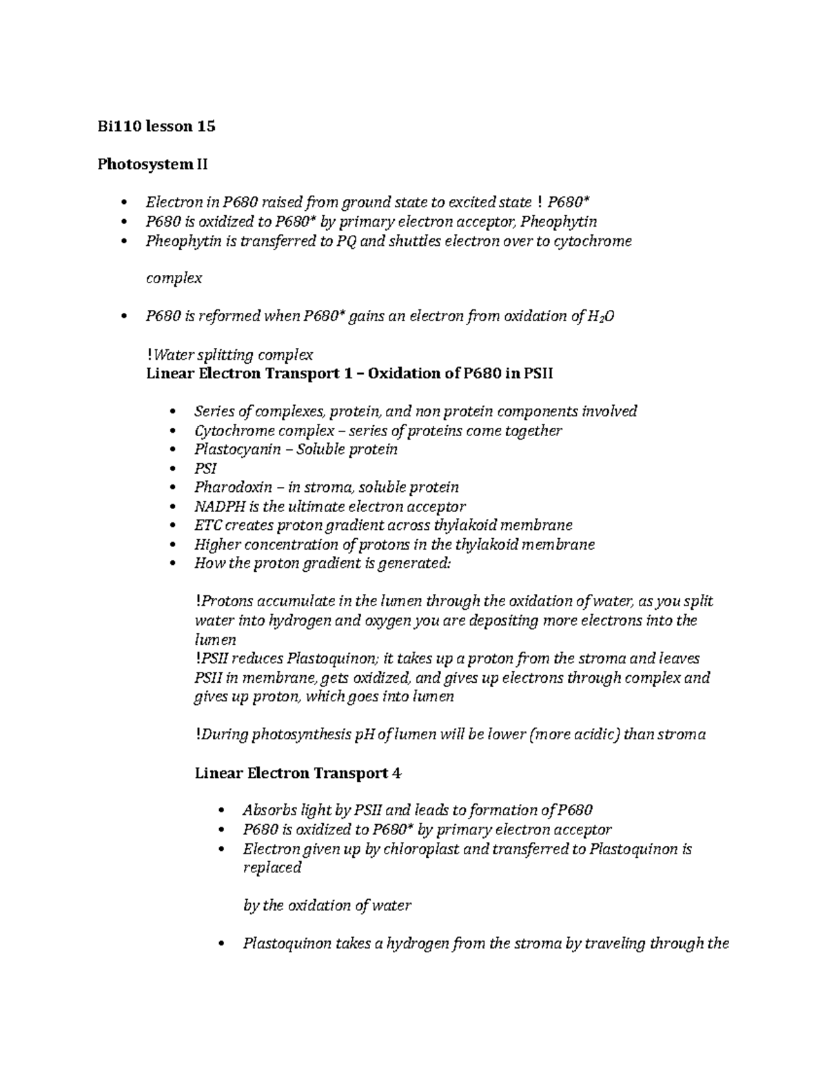 Bi110 lesson 15 - business notes - Bi110 lesson 15 Photosystem II ...