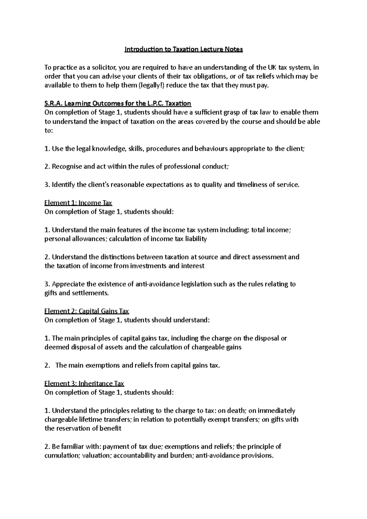 Introduction to Taxation Lecture Notes - S.R. Learning Outcomes for the ...