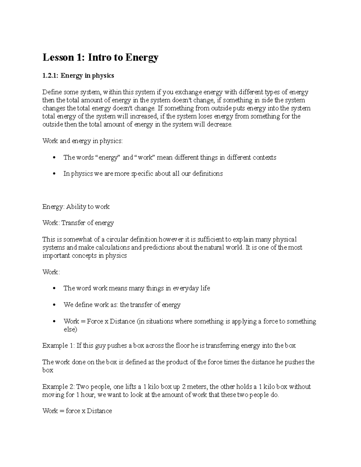 Lesson 1 Notes - Lesson 1: Intro to Energy 1.2: Energy in physics ...