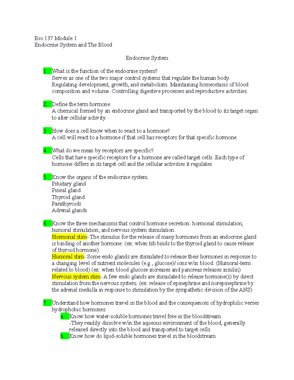 Module 1 Study guide Endocrine and Blood - Bio 137 Module 1 Endocrine ...