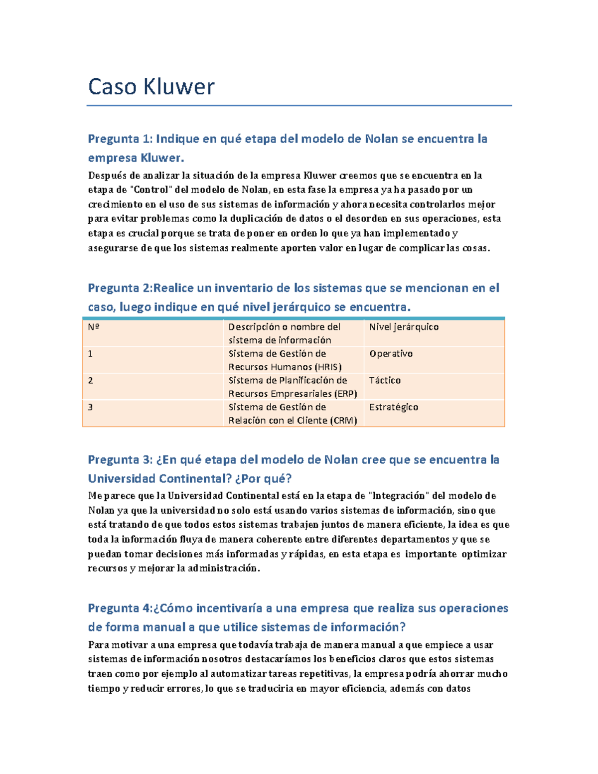 Caso Kluwer - caso krawler - Caso Kluwer Pregunta 1: Indique en qué ...