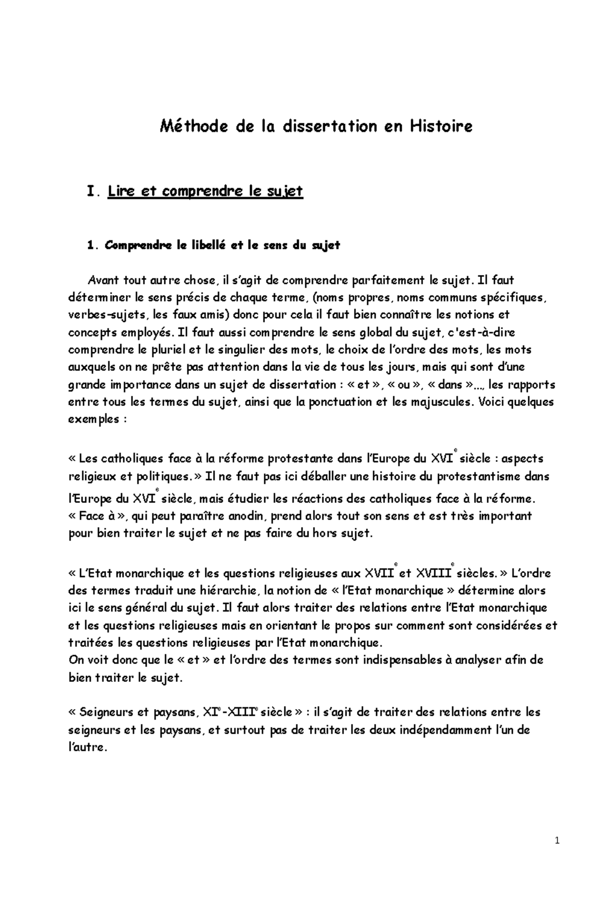 Methode Dissertation - Méthode de la dissertation en Histoire I. Lire et comprendre le sujet ...
