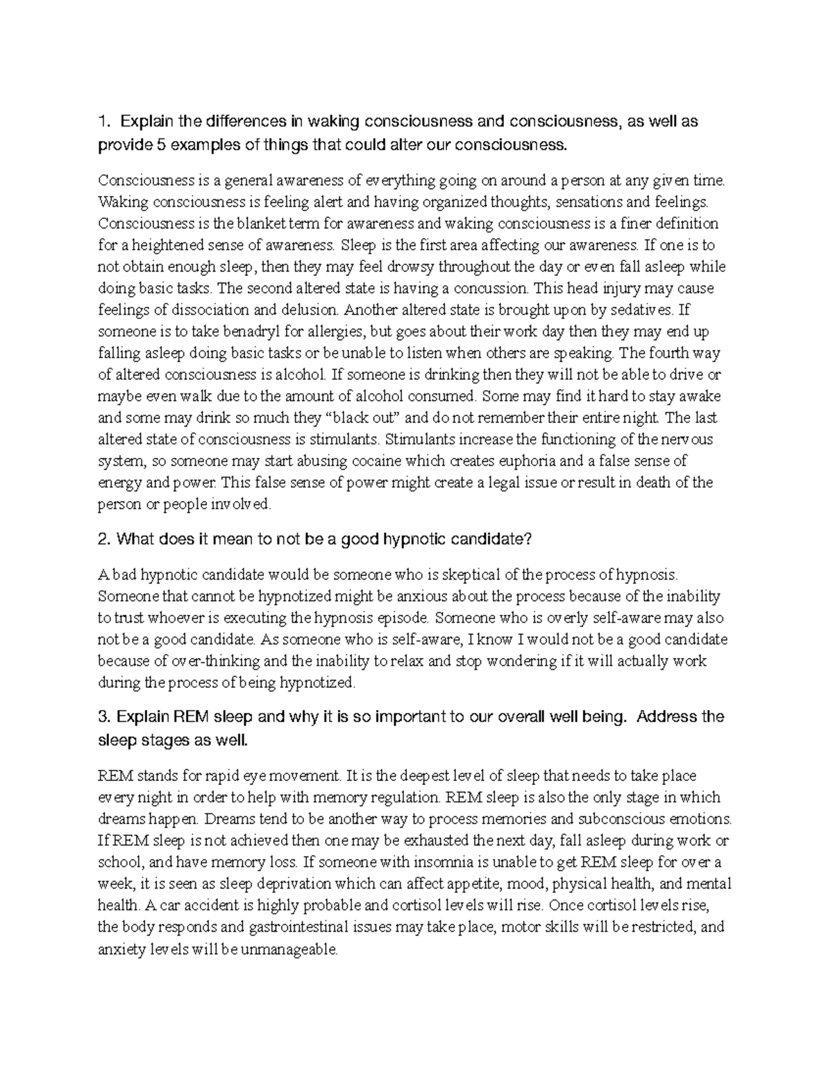 Chapter Four Test - A description of consciousness, sleep cycles ...