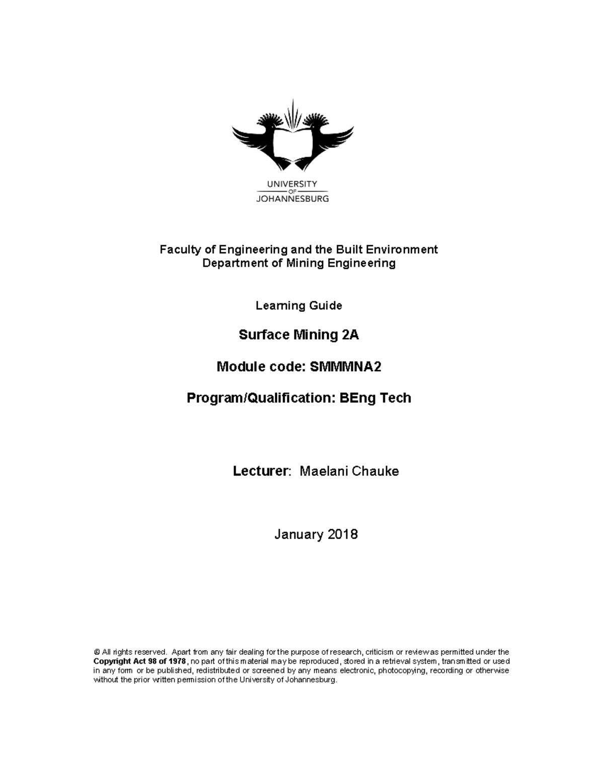 Surface Mining 2A Learning Guide - Semester 1 - 2018 (Autosaved) - Faculty of Engineering and ...