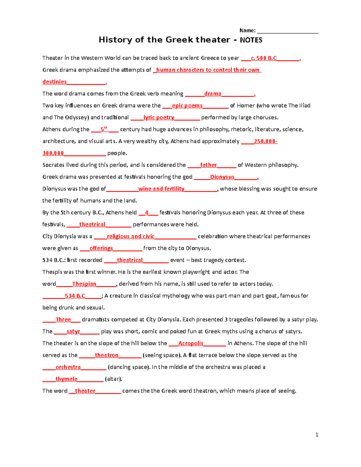 History of Greek Theater Notes - Name: _____________________ History of ...