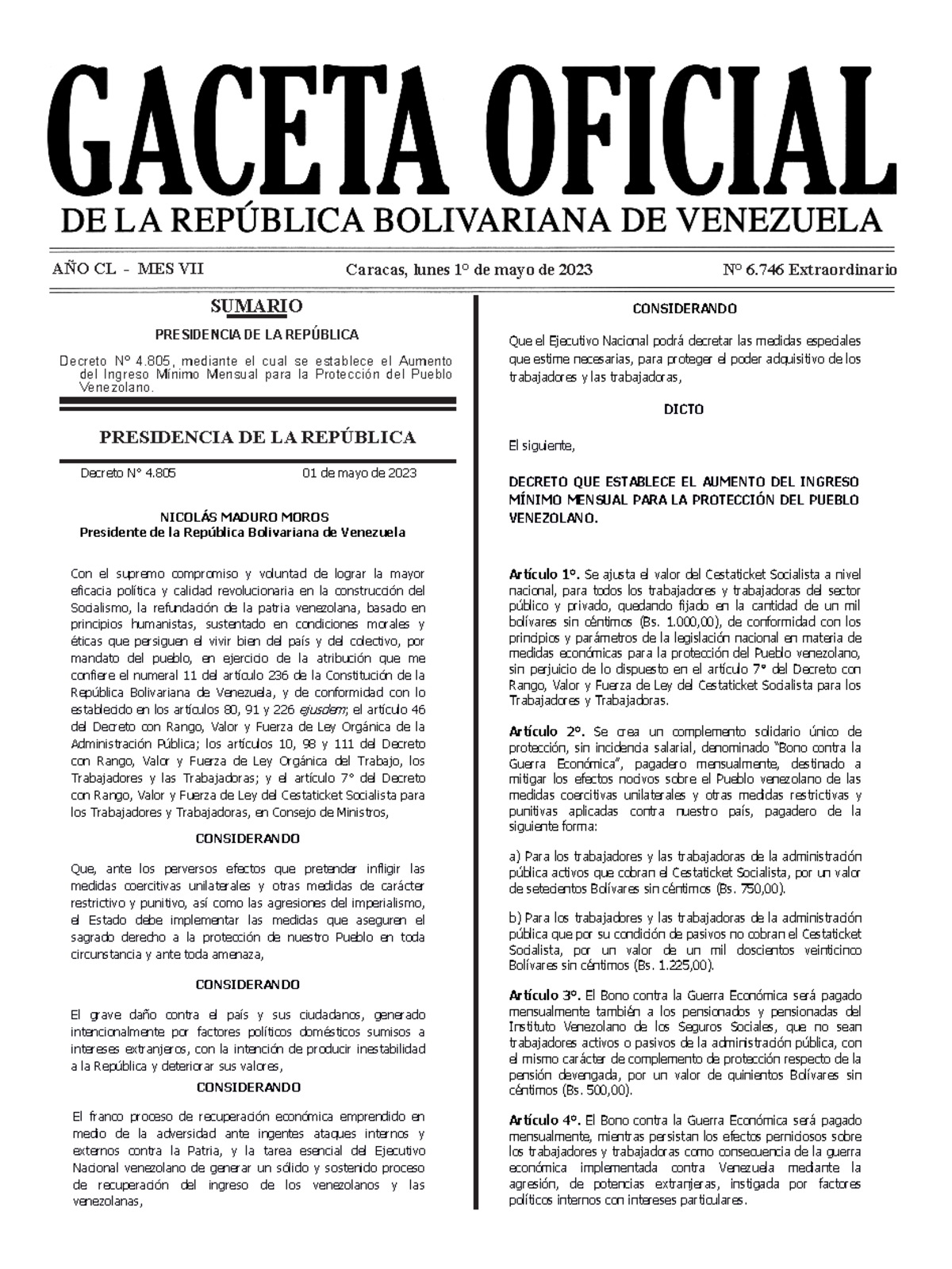 Gaceta oficial 6746 01 05 2023 - N° 6 Extraordinario GACETA OFICIAL DE ...